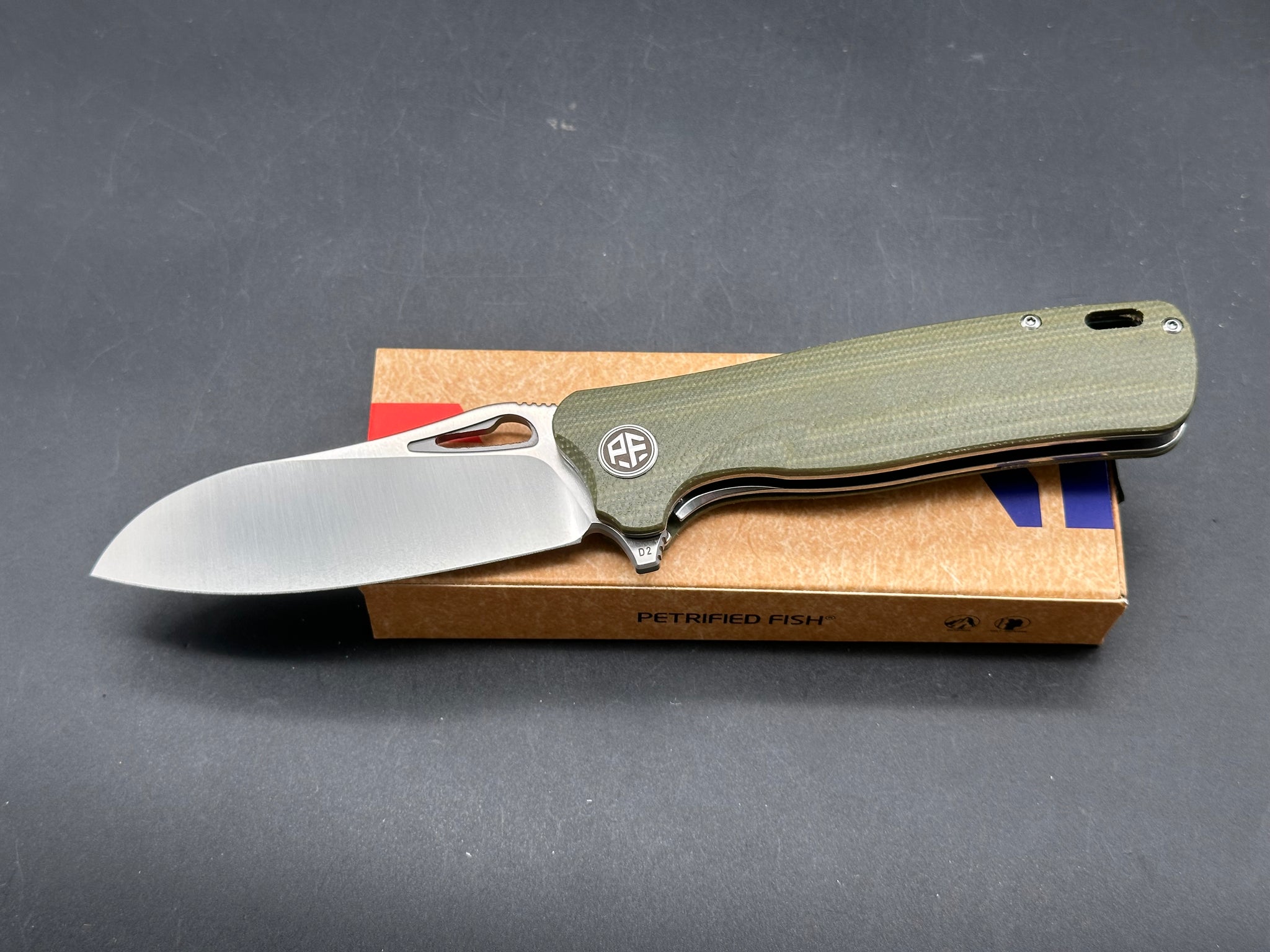 Petrified Fish PF868 Bunta 3.35" D2 Satin Blade Micarta Handle Flipper