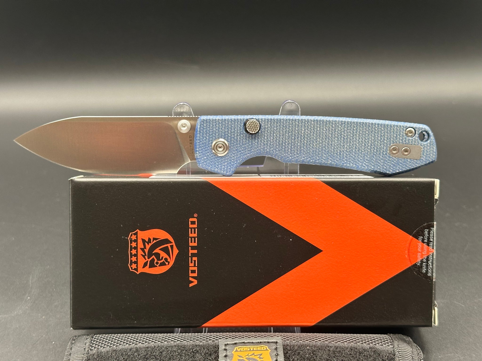 Vosteed Raccoon Top Liner Lock, 3.25" 14C28N Blade with Blue Micarta H