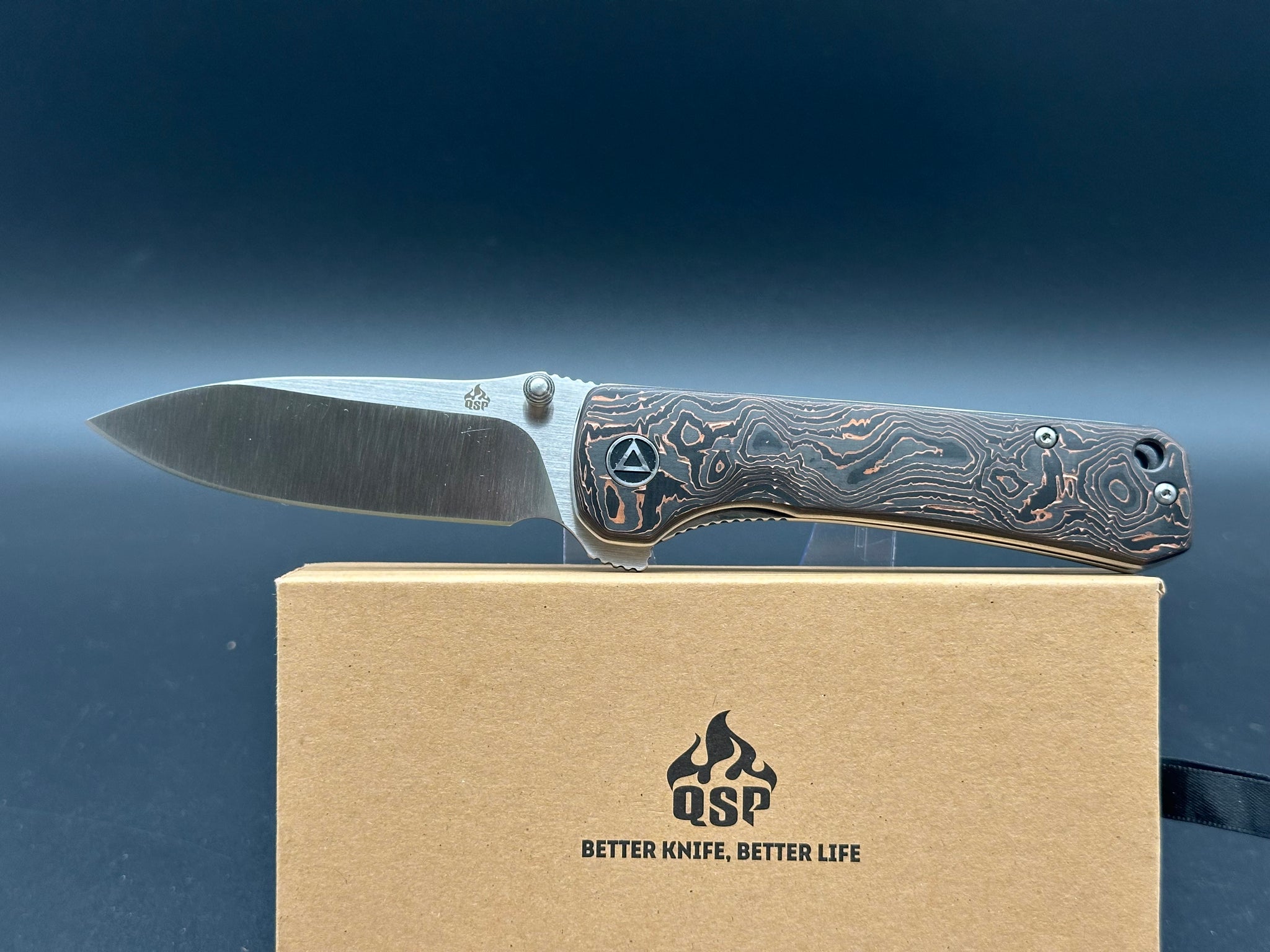 QSP HAWK FOLDING KNIFE BLACK COPPER FOIL/CARBON FIBER HANDLE S35VN PLA