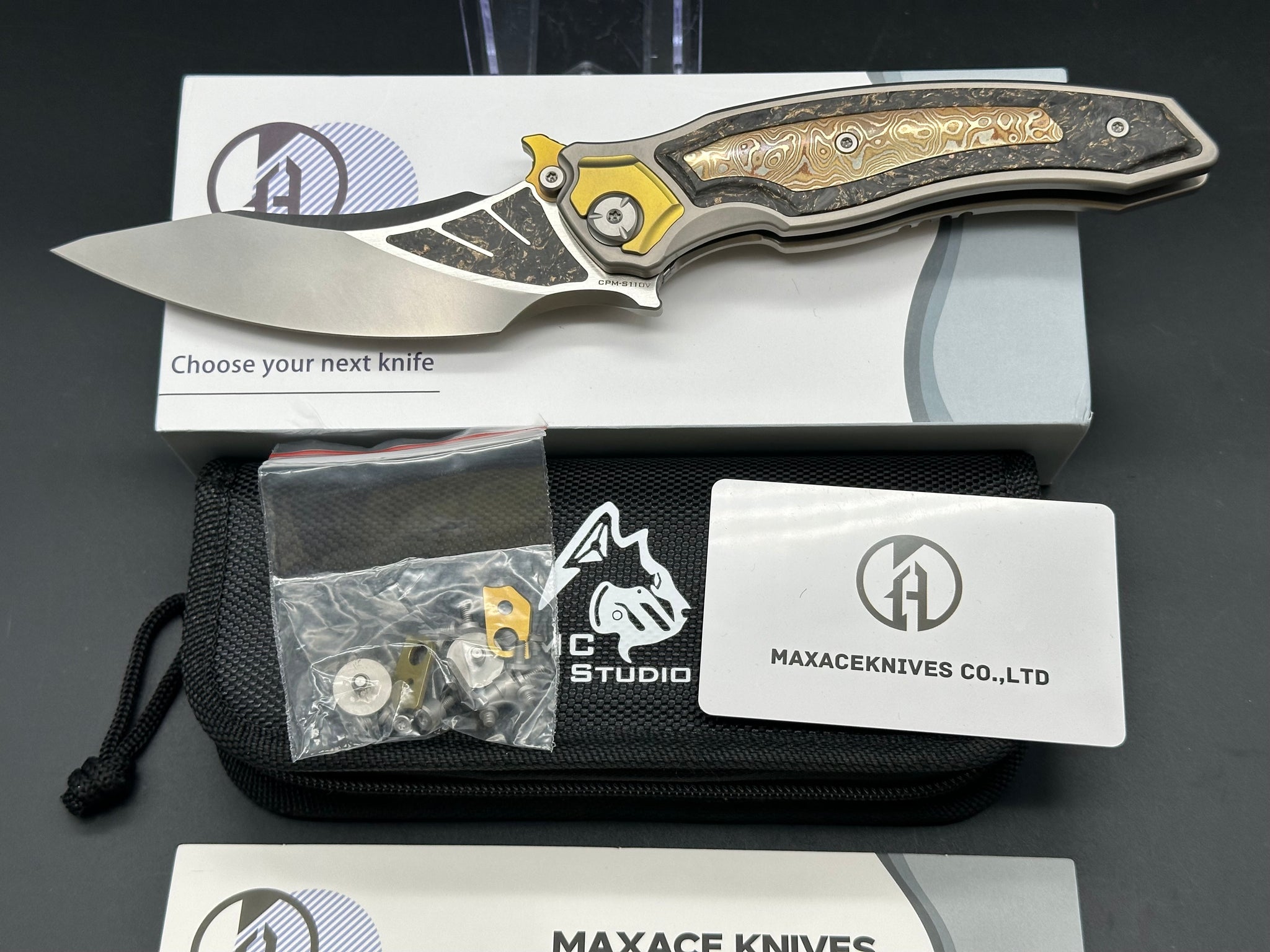 MAXACE XI POCKET KNIFE TITANIUM HANDLE MOKUME INLAY CPM- S110V BLADE S