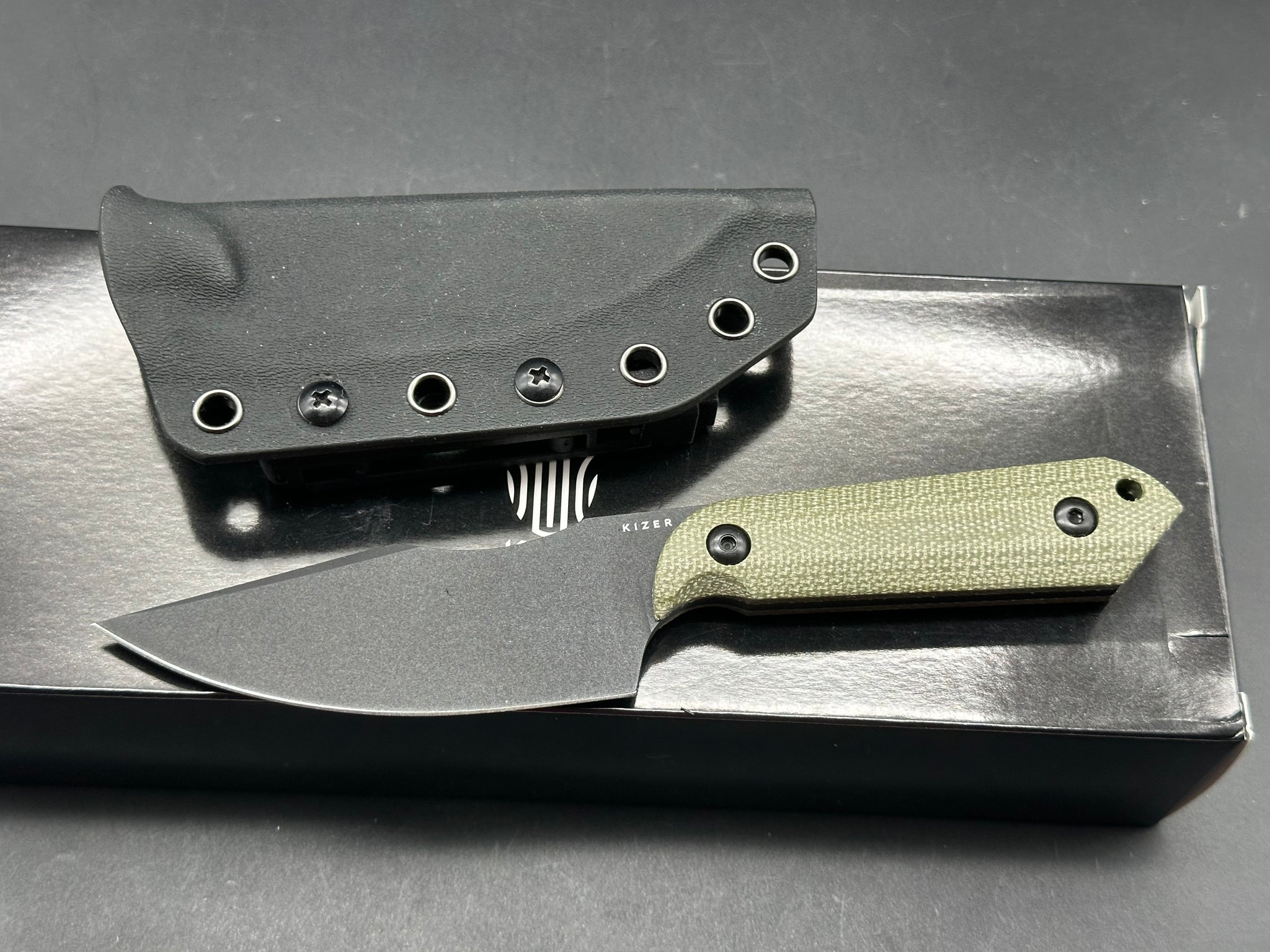 KIZER HARPOON FIXED BLADE KNIFE MICARTA HANDLE PLAIN BLACK D2 BLADE