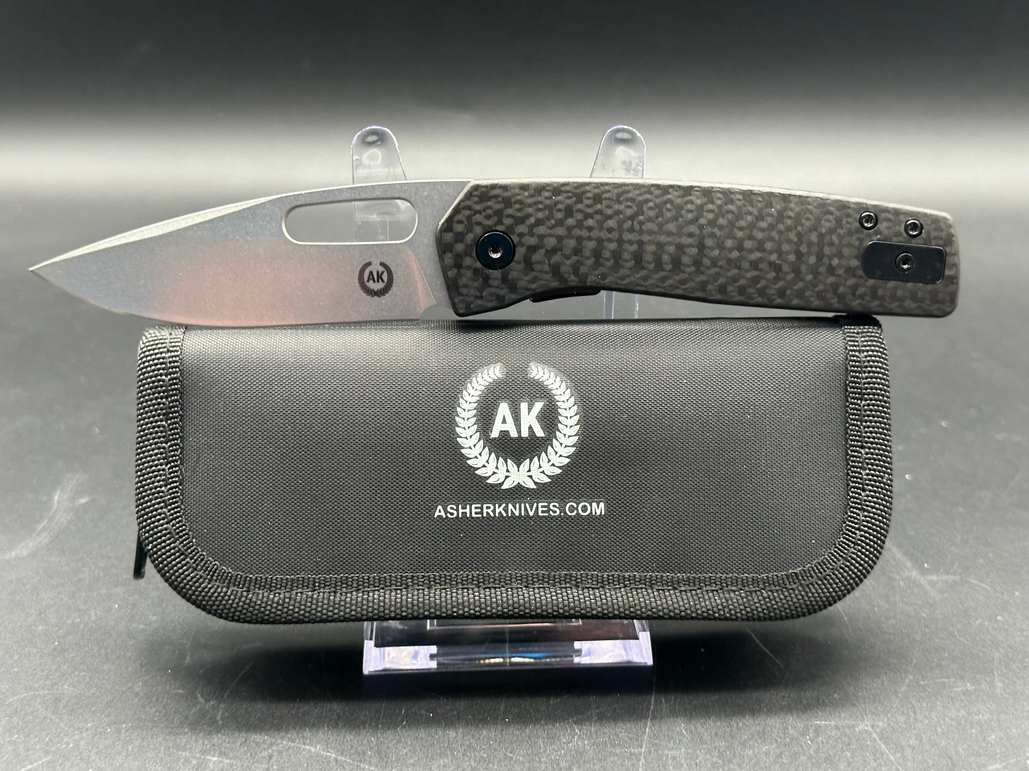 Asher Spiro CF, 3.2" S35VN Stonewash Blade with Black Carbon Fiber Han