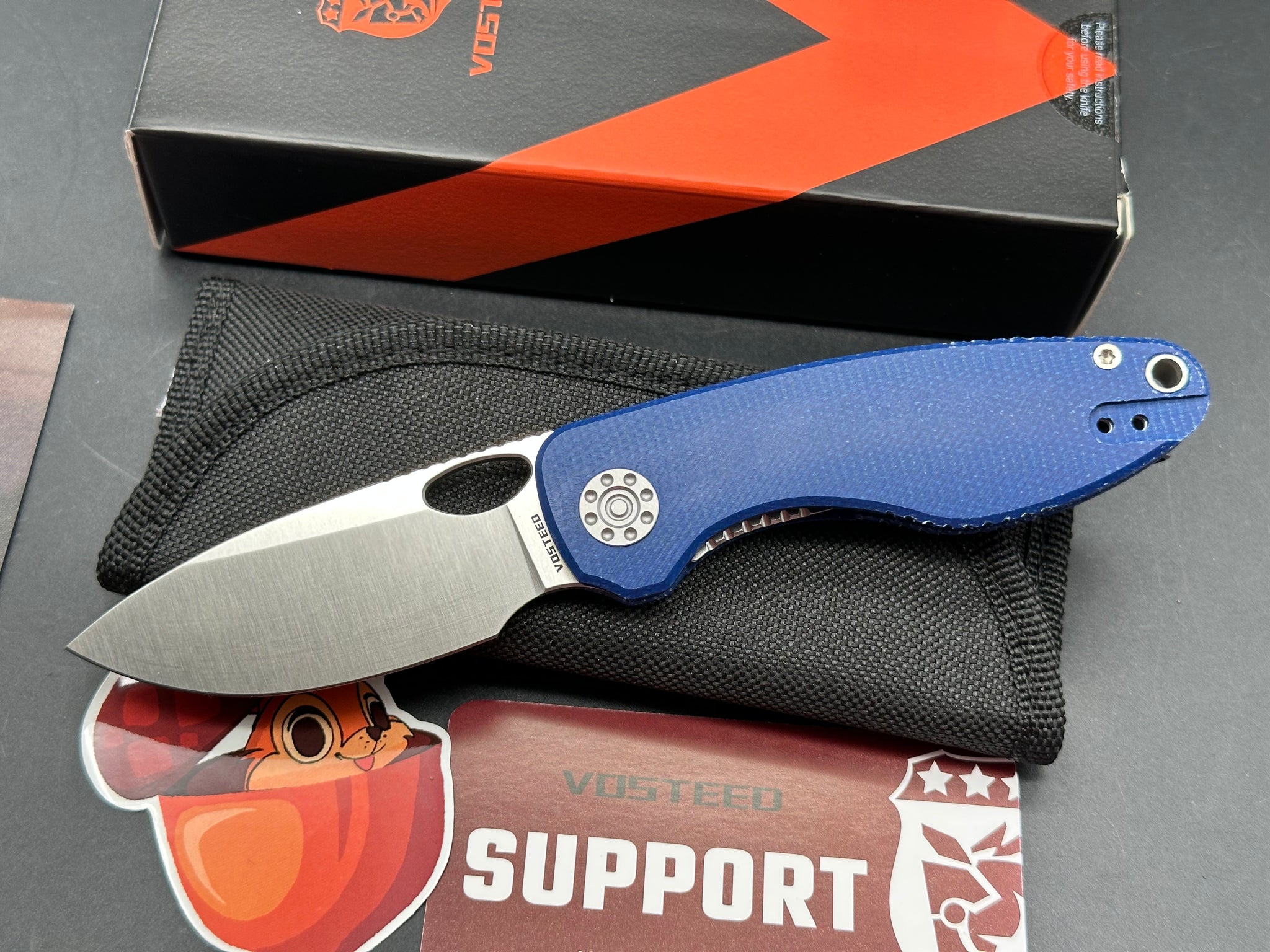Vosteed Acorn, 2.93" 14C28N Satin Blade with Blue Canvas Micarta Scale