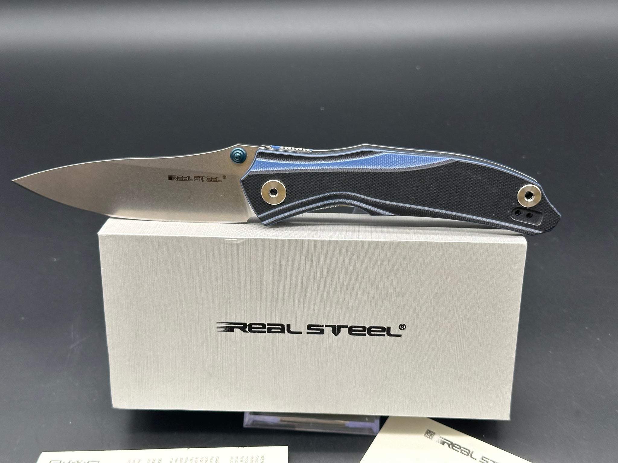 Real Steel Knives Horus Free Liner Lock Knife Black/Blue G-10 (3.6" SW