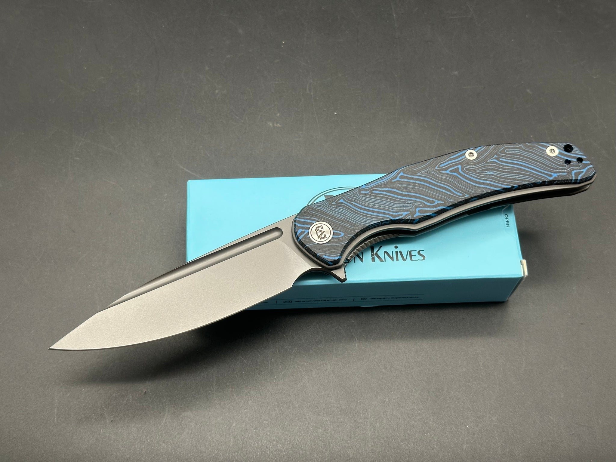 MIGURON VELONA FOLDING KNIFE BLUE GMASCUS G10 HANDLE DARK GRAY PVD 14C