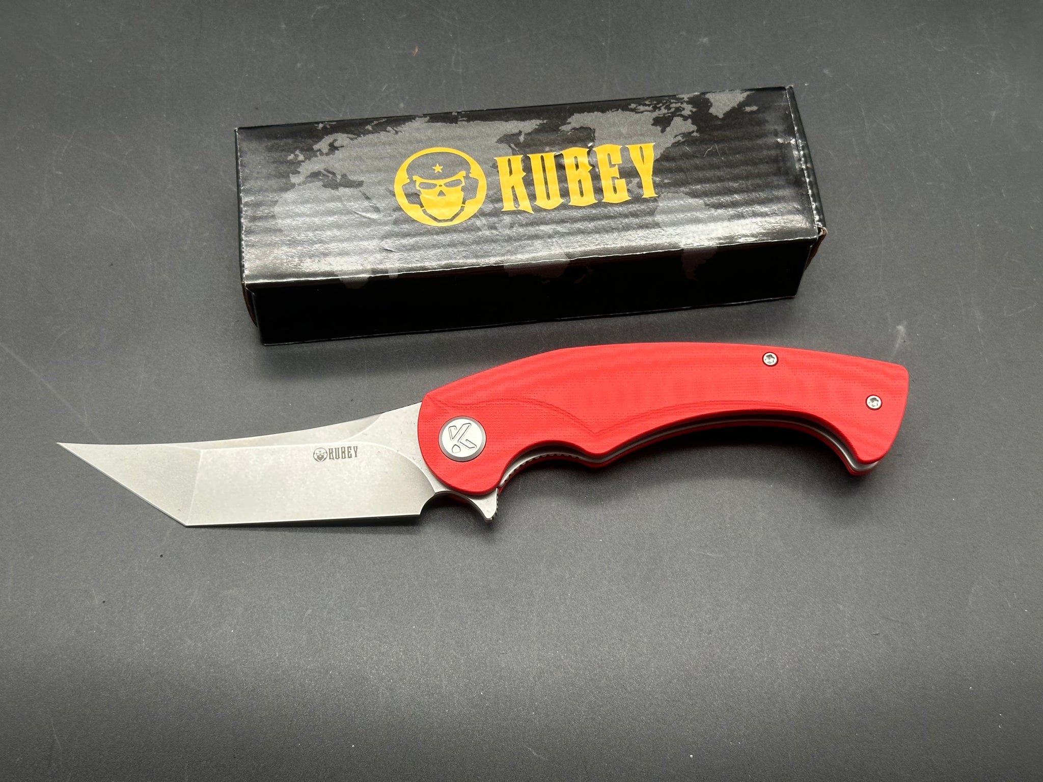 KUBEY SCIMITAR FOLDING KNIFE RED G10 HANDLE 14C28N TANTO PLAIN EDGE