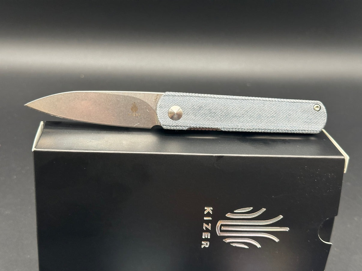 KIZER FEIST FOLDING KNIFE DENIM MICARTA HANDLE 154CM PLAIN EDGE V3499C ...