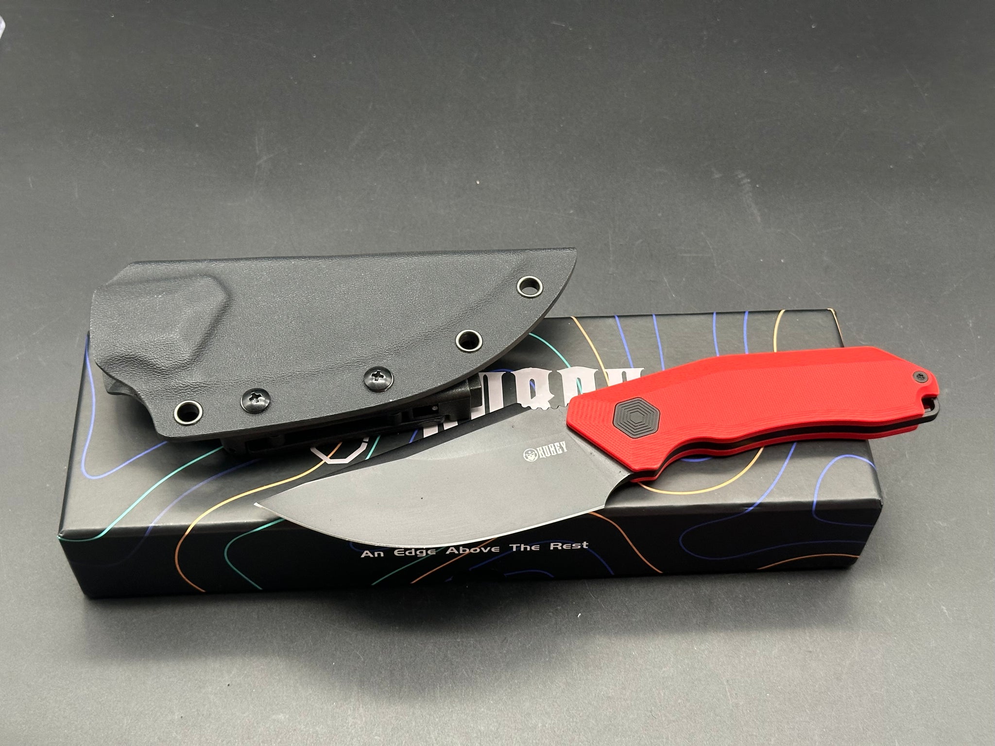 Kubey Basilisk Fixed Blade Knife Red G-10 Handle 4.06'' Blackwashed 14