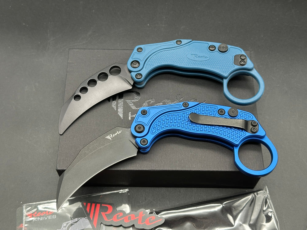 Reate EXO-K Gravity Karambit Button Lock Knife Blue Aluminum (3.1" Bla