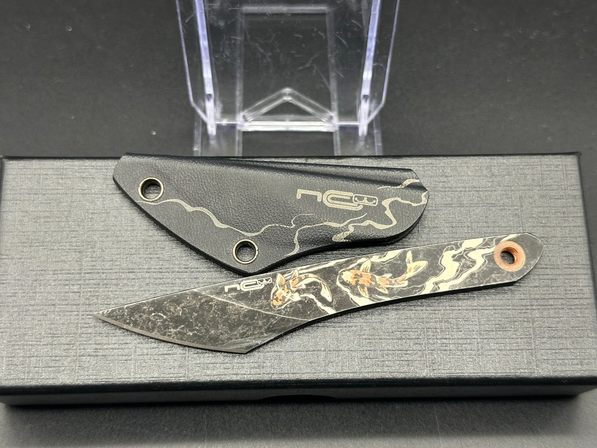 NC Custom Neck Knife & sheath. Koi fish engraved